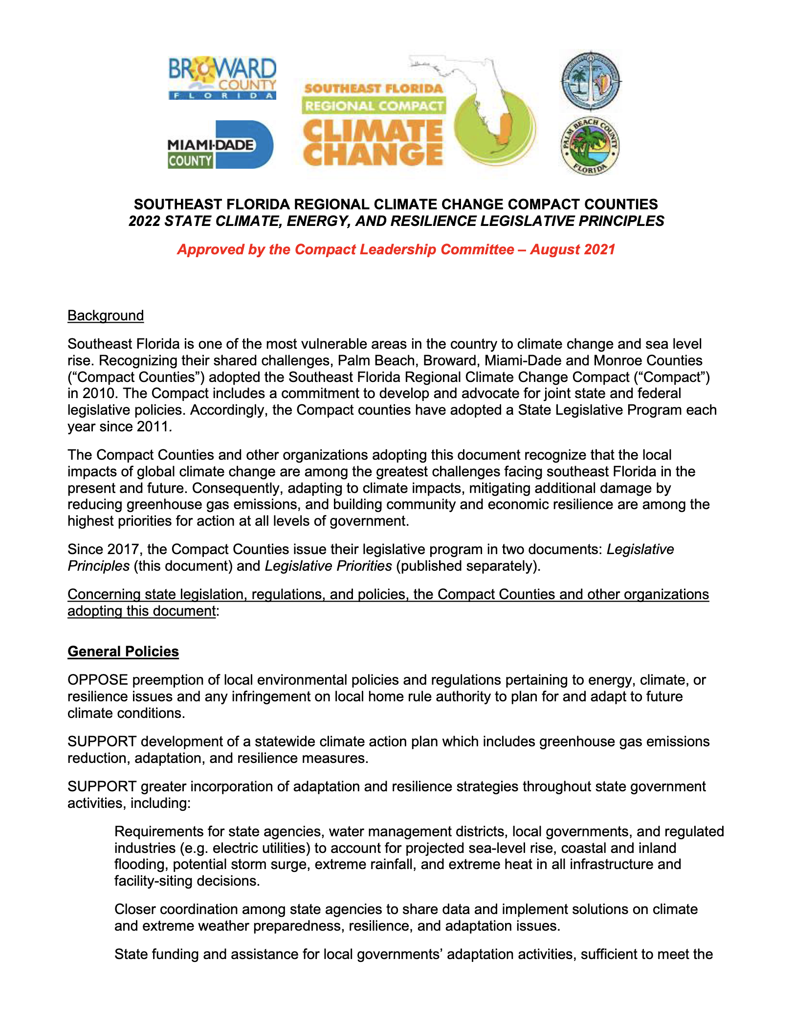 Policy Platform - Southeast Florida Regional Climate Compact